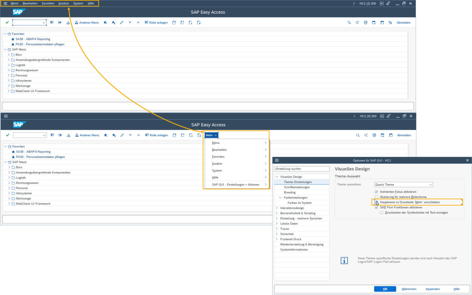SAP GUI 7.7 mit dem neuen Theme "Quartz" und einem Dark Mode